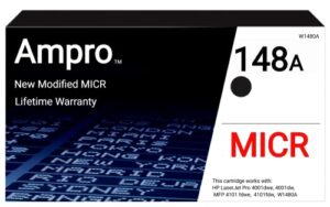 ampro new oem modified hp 148a micr toner cartridge, hp w1480a micr toner cartridge for check printing with hp laserjet pro 4001dwe, 4001dw, laserjet pro mfp 4101 fdwe, 4101fdw. (prints 3000 pages)