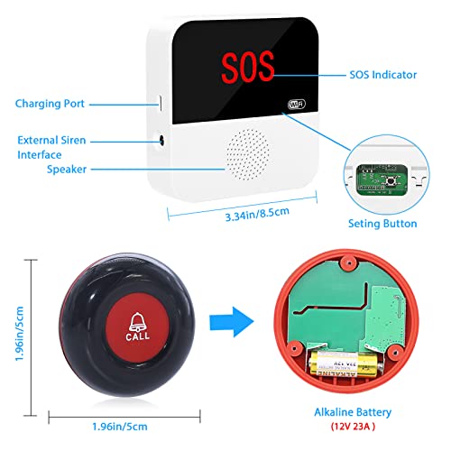 WiFi Smart Wireless Caregiver Pager Call Button System Medical Alert System Fall Alert Device for Elderly Patient Seniors Disabled 2 SOS Panic Button 1 Receiver(only Supports 2.4GHz Wi-Fi)