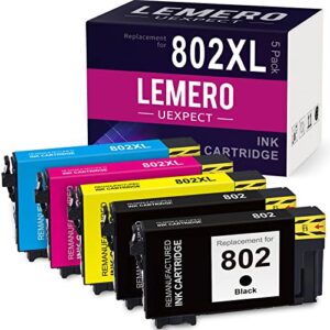 lemero uexpect 802 802xl remanufactured ink cartridge replacement for epson 802 802 xl t802xl for workforce pro wf-4740 wf-4730 wf-4734 ec-4020 printer black cyan magenta yellow, 5-pack