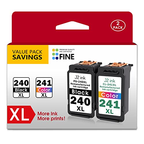 J2INK Remanufactured Ink Cartridge Replacement for Cannon 240xl and 241xl Ink Cartridge 240xl 241xl Combo Printer Ink 240 241 Pixma MG3620 (2 Pack)