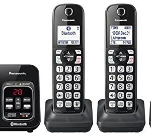 PANASONIC Expandable Cordless Phone System with Link2Cell Bluetooth, Voice Assistant, Answering Machine and Call Blocking - 4 Cordless Handsets - KX-TGD564M (Metallic Black)