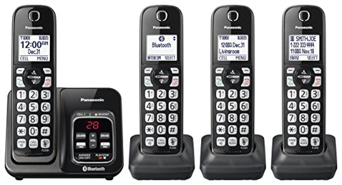 PANASONIC Expandable Cordless Phone System with Link2Cell Bluetooth, Voice Assistant, Answering Machine and Call Blocking - 4 Cordless Handsets - KX-TGD564M (Metallic Black)