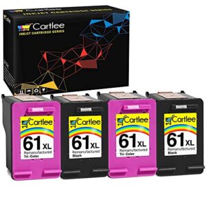 cartlee 4 remanufactured 61xl high yield ink cartridges for hp deskjet 1000 1010 1050 1055 1510 1512 2000 2050 2510 2512 2540 2542 2543 2549 3000 3050 envy 4500 4501 4502 4503 4504 (2 black 2 color)