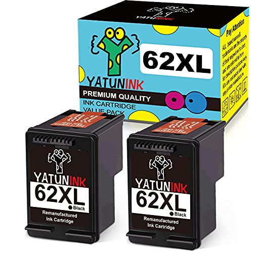 YATUNINK Remanufactured 62XL Ink Cartridge for HP 62XL 62 XL Black Ink Cartridge for HP Envy 5540 Envy 7640 5542 5640 5642 5643 5660 5661 7645 Officejet 200 250 5740 5745 Printer Ink (Black 2 Pack)