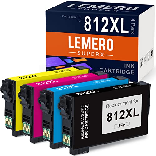 LemeroSuperx 812XL Remanufactured Ink Cartridge Replacement for Epson 812XL 812 Combo Pack, Work for Workforce pro WF-7820, WF-7840, (4 Pack)