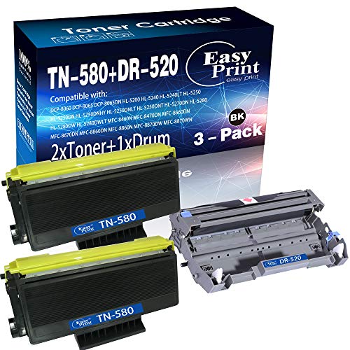 (2 Black Toner Cartridges, 1 Drum Unit) Compatible High Yield TN-580 TN580 Toner Cartridge and DR-520 Drum Unit Used for Brother DCP-8065DN HL-5240 5250DN 5340D MFC-8890DW 8460N Printer, by EasyPrint