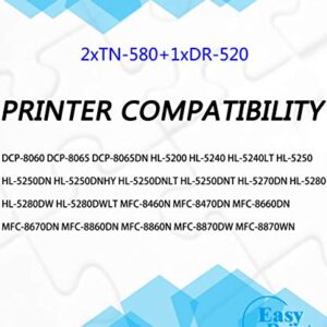 (2 Black Toner Cartridges, 1 Drum Unit) Compatible High Yield TN-580 TN580 Toner Cartridge and DR-520 Drum Unit Used for Brother DCP-8065DN HL-5240 5250DN 5340D MFC-8890DW 8460N Printer, by EasyPrint