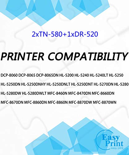 (2 Black Toner Cartridges, 1 Drum Unit) Compatible High Yield TN-580 TN580 Toner Cartridge and DR-520 Drum Unit Used for Brother DCP-8065DN HL-5240 5250DN 5340D MFC-8890DW 8460N Printer, by EasyPrint