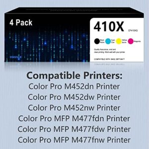 410X Toner Cartridge 4 Pack High Yield: CF410X Black CF411X Cyan CF412X Yellow CF413X Magenta Replacement for HP 410X Color Pro M452dn M452dw M452nw MFP M477fdw M377dw M477fdn M477fnw Toner Printer