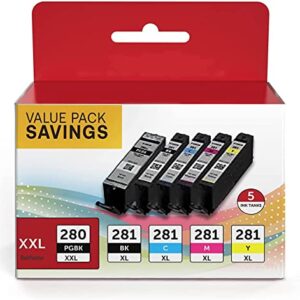 PGI-280XXL CLI-281XL 5 Color Value Pack, Compatible for Canon 280 281 Ink Cartridges use with TR7520 TR7500 TR8520 TR8500 TR8620 TS6120 TS6220 TS6320 TS702 (PGBK, Black, Cyan, Magenta, Yellow)