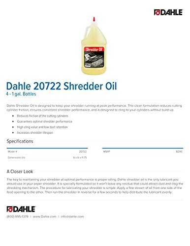 Dahle Shredder Oil Reduces Friction and Optimizes Performance in Paper Shredders, For Use In All Shredders, 4 - 1 gal. Bottles