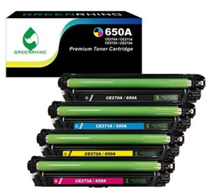 greenrhino remanufactured toner cartridge replacement for hp 650a ce270a ce271a ce272a ce273a cp5525 cp5525dn cp5525n cp5525xh m750dn m750n m750xh (1 black, 1 cyan, 1 magenta, 1 yellow, 4-pack)