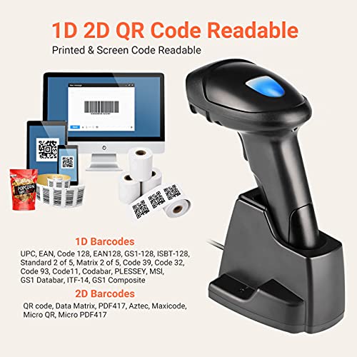 Tera Wireless Barcode Scanner 1D 2D QR with USB Charging Base Handheld Bar Code Reader Scanner Automatic Sensing Fast Precise Scanner HW0005