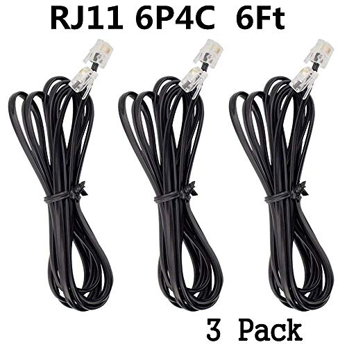 AIMIJIA Phone Cord, 6P4C Black Phone Telephone Extension Cord Cable Line Wire RJ11 6P4C Modular Plug for Landline Telephone Modem Accessory (6ft-3 Pack)