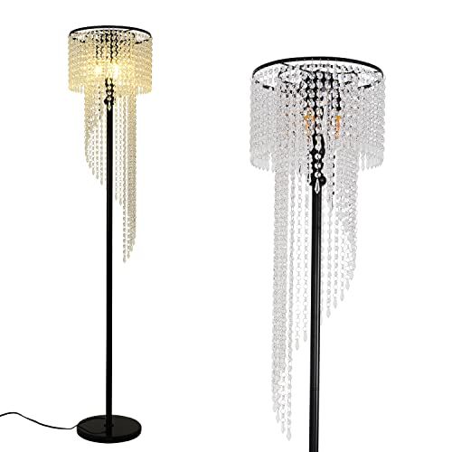 Hsyile KU300270 Mini Modern Elegance Crystal Floor Lamp for Living Room,Bedroom,Office - Standing Tall Pole Lamp - Classic Black - 3 Lights