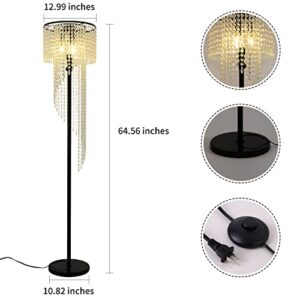 Hsyile KU300270 Mini Modern Elegance Crystal Floor Lamp for Living Room,Bedroom,Office - Standing Tall Pole Lamp - Classic Black - 3 Lights