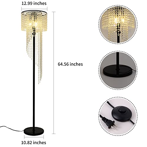 Hsyile KU300270 Mini Modern Elegance Crystal Floor Lamp for Living Room,Bedroom,Office - Standing Tall Pole Lamp - Classic Black - 3 Lights