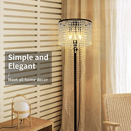 Hsyile KU300270 Mini Modern Elegance Crystal Floor Lamp for Living Room,Bedroom,Office - Standing Tall Pole Lamp - Classic Black - 3 Lights