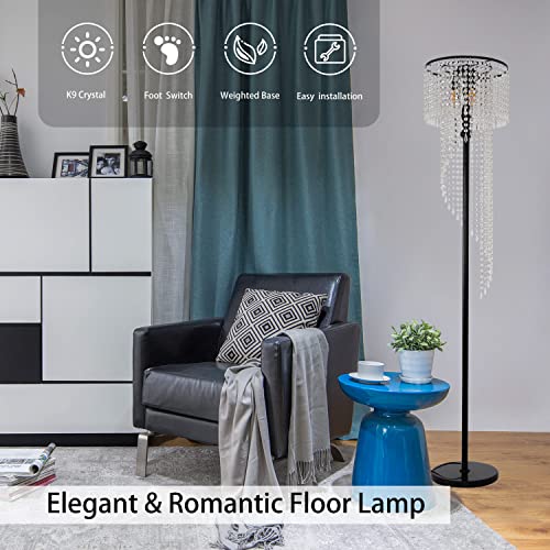 Hsyile KU300270 Mini Modern Elegance Crystal Floor Lamp for Living Room,Bedroom,Office - Standing Tall Pole Lamp - Classic Black - 3 Lights