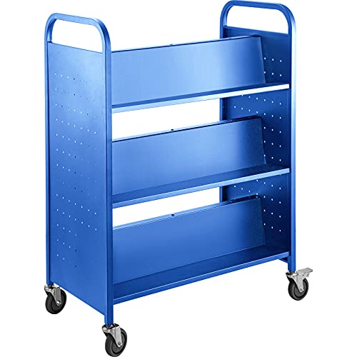 BestEquip Book Cart, 200LBS Library Cart, 49.2''x35.4''x18.9'' Rolling Book Cart, Double Sided W-Shaped Sloped Shelves with Lockable Wheels for Home Shelves Office School Book Truck Blue