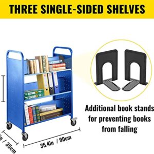 BestEquip Book Cart, 200LBS Library Cart, 49.2''x35.4''x18.9'' Rolling Book Cart, Double Sided W-Shaped Sloped Shelves with Lockable Wheels for Home Shelves Office School Book Truck Blue