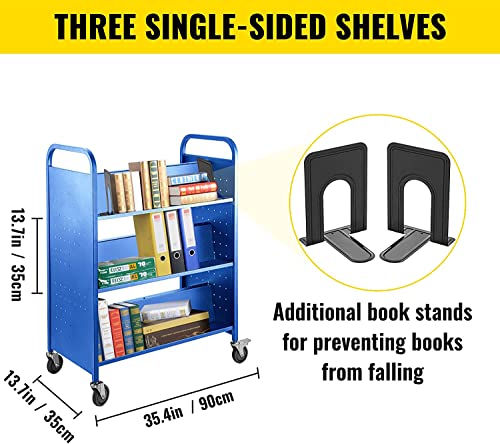 BestEquip Book Cart, 200LBS Library Cart, 49.2''x35.4''x18.9'' Rolling Book Cart, Double Sided W-Shaped Sloped Shelves with Lockable Wheels for Home Shelves Office School Book Truck Blue