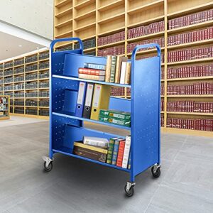 BestEquip Book Cart, 200LBS Library Cart, 49.2''x35.4''x18.9'' Rolling Book Cart, Double Sided W-Shaped Sloped Shelves with Lockable Wheels for Home Shelves Office School Book Truck Blue