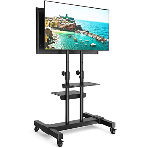 Rfiver Dual Monitors Mobile TV Cart with Tilt Mount for 37-80 Inch Flat Screen/Curved TVs, 2-Shelf Rolling TV Stand with Locking Wheels, Adjustable Floor TV Trolley for Trade Show, Extra Tall