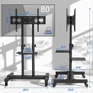 Rfiver Dual Monitors Mobile TV Cart with Tilt Mount for 37-80 Inch Flat Screen/Curved TVs, 2-Shelf Rolling TV Stand with Locking Wheels, Adjustable Floor TV Trolley for Trade Show, Extra Tall