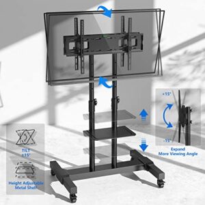 Rfiver Dual Monitors Mobile TV Cart with Tilt Mount for 37-80 Inch Flat Screen/Curved TVs, 2-Shelf Rolling TV Stand with Locking Wheels, Adjustable Floor TV Trolley for Trade Show, Extra Tall