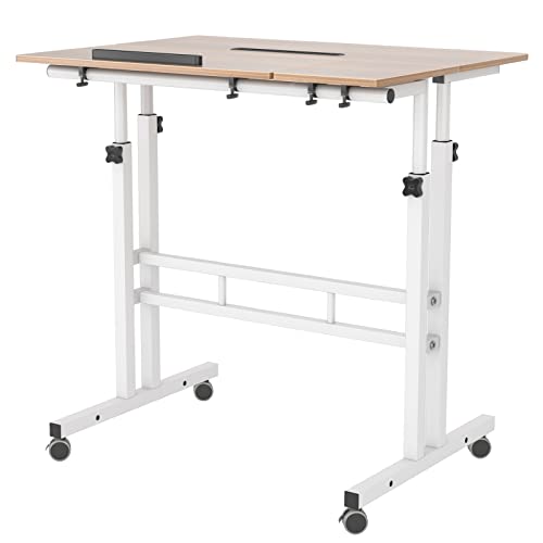 sogesfurniture Height Adjustable Sit Stand Workstation Mobile Standing Desk Home Office Desk with Standing and Seating,Oak