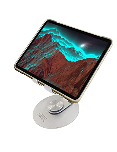 LIKEKIL Aluminum Phone Tablet Stand, Foldable,Adjustabl, 360° Rotating Base, Compatible with iPhone/iPad/Switch/Kindle/Tab（4-12.9"）(Silver)