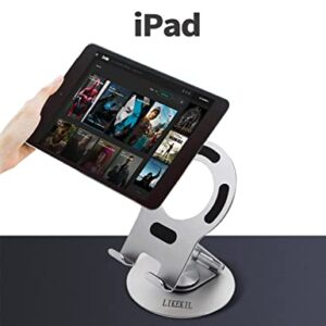 LIKEKIL Aluminum Phone Tablet Stand, Foldable,Adjustabl, 360° Rotating Base, Compatible with iPhone/iPad/Switch/Kindle/Tab（4-12.9"）(Silver)