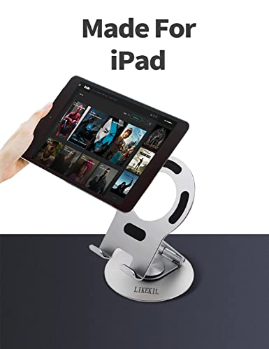 LIKEKIL Aluminum Phone Tablet Stand, Foldable,Adjustabl, 360° Rotating Base, Compatible with iPhone/iPad/Switch/Kindle/Tab（4-12.9"）(Silver)