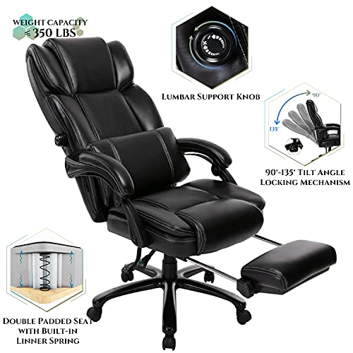 COLAMY High-Back Reclining Office Chair with Footrest, Big Tall Bonded Leather Adjustable Tilt Angle Height Lumbar Support Home Desk Task Executive Chair, Black