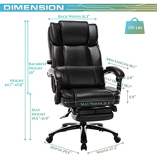 COLAMY High-Back Reclining Office Chair with Footrest, Big Tall Bonded Leather Adjustable Tilt Angle Height Lumbar Support Home Desk Task Executive Chair, Black