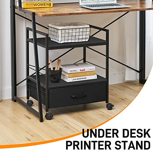 LEZIOA Mobile Printer Stand with Storage Drawer, Vintage Fabric File Cabinet Printer Cart for Home Office (Black)