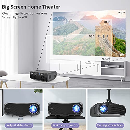 Full HD Wifi Bluetooth Projector 1080P Native Support 4K,10000 Lumen LED Smart Android Wireless Home Outdoor Business Projector 1920x1080 USB HDMI VGA AV Audio for Laptop PC TV DVD PS4 Smartphones Mac