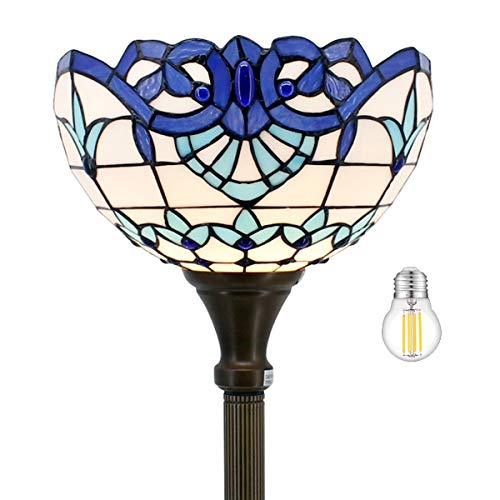 WERFACTORY Tiffany Floor Lamp Navy Blue Baroque Stained Glass Light 12X12X66 Inches Pole Torchiere Standing Corner Torch Uplight Decor Bedroom Living Room Home Office S003B Series