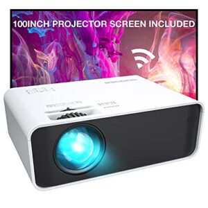 projector, goodee wifi mini projector with projector screen, 7000l synchronize wireless video projector led 1080p full hd, portable home movie projector support tv stick/dvd/usb, ios/android phone