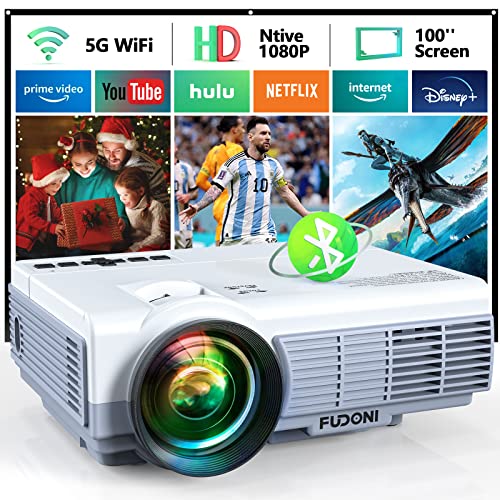 Projector with WiFi and Bluetooth, 2022 Upgraded 5G WiFi Projector Native 1080P HD 4K Supported, FUDONI Outdoor Projector with Screen, Portable Home Projector for HDMI, USB, Laptop, TV Stick, Phone