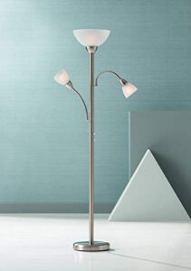 possini euro design alexei modern torchiere floor lamp tree 3-light gooseneck arm 72″ tall brushed nickel white crackle glass pole dimmer living room reading house bedroom home office