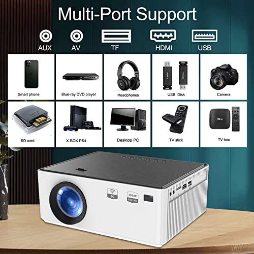 Video Projector, 5G WiFi Bluetooth Projector Full HD 1080P Projector 4K Support Movie Projector 8500L Oudoor Portable Mini Projector Compatible with TV Stick Laptop Tablet PC HDMI USB TF DVD