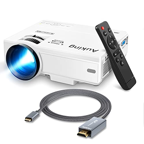 AuKing Mini Projector with USB C to HDMI Cable 4K, Home Theater Video Projector for MacBook Air/Pro 2020/2021, iPad Pro, Galaxy S20 S10 S8, Surface Book 2 and More