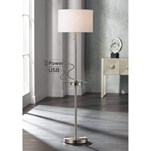 360 lighting caper modern floor lamp with tray usb and ac power outlet on table glass 60.5″ tall satin nickel white fabric drum shade for living room reading house bedroom