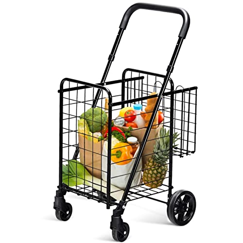 Shopping Cart with Dual Swivel Wheels for Groceries - Compact Folding Portable Cart Saves Space - with Adjustable Handle Height (Black)