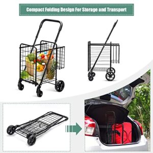 Shopping Cart with Dual Swivel Wheels for Groceries - Compact Folding Portable Cart Saves Space - with Adjustable Handle Height (Black)