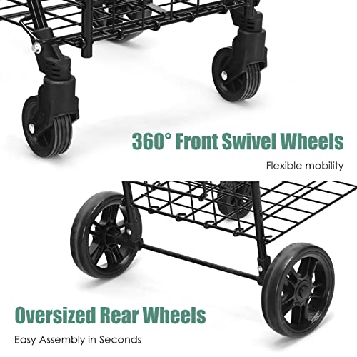 Shopping Cart with Dual Swivel Wheels for Groceries - Compact Folding Portable Cart Saves Space - with Adjustable Handle Height (Black)