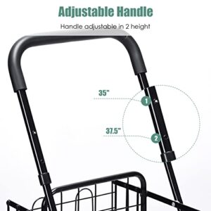 Shopping Cart with Dual Swivel Wheels for Groceries - Compact Folding Portable Cart Saves Space - with Adjustable Handle Height (Black)