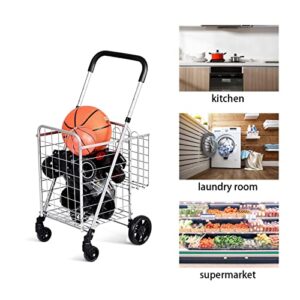 Shopping Cart with Dual Swivel Wheels for Groceries - Compact Folding Portable Cart Saves Space - with Adjustable Handle Height (Black)